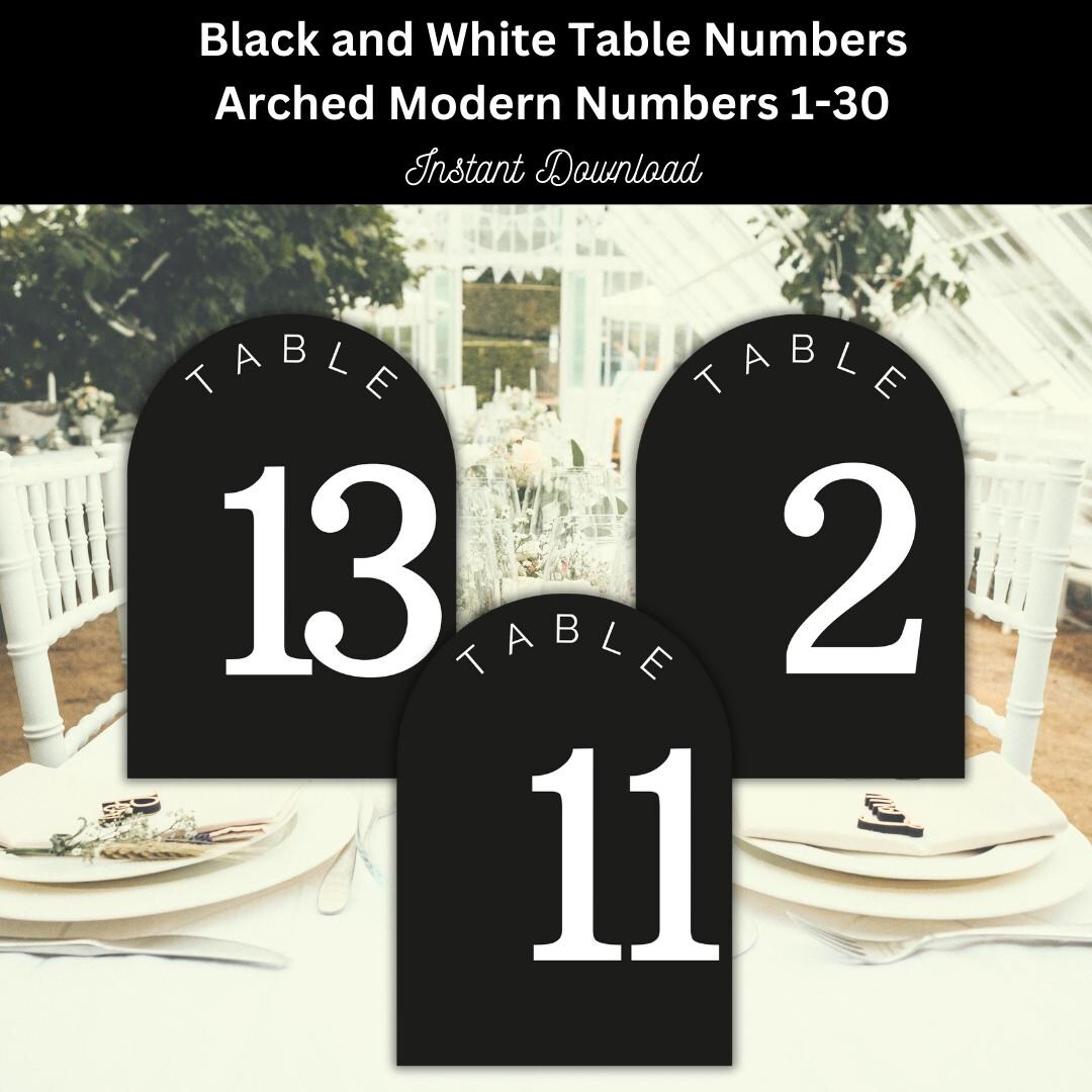Modern Arch Table Numbers 1-30: Black & White Wedding Decor (digital ...