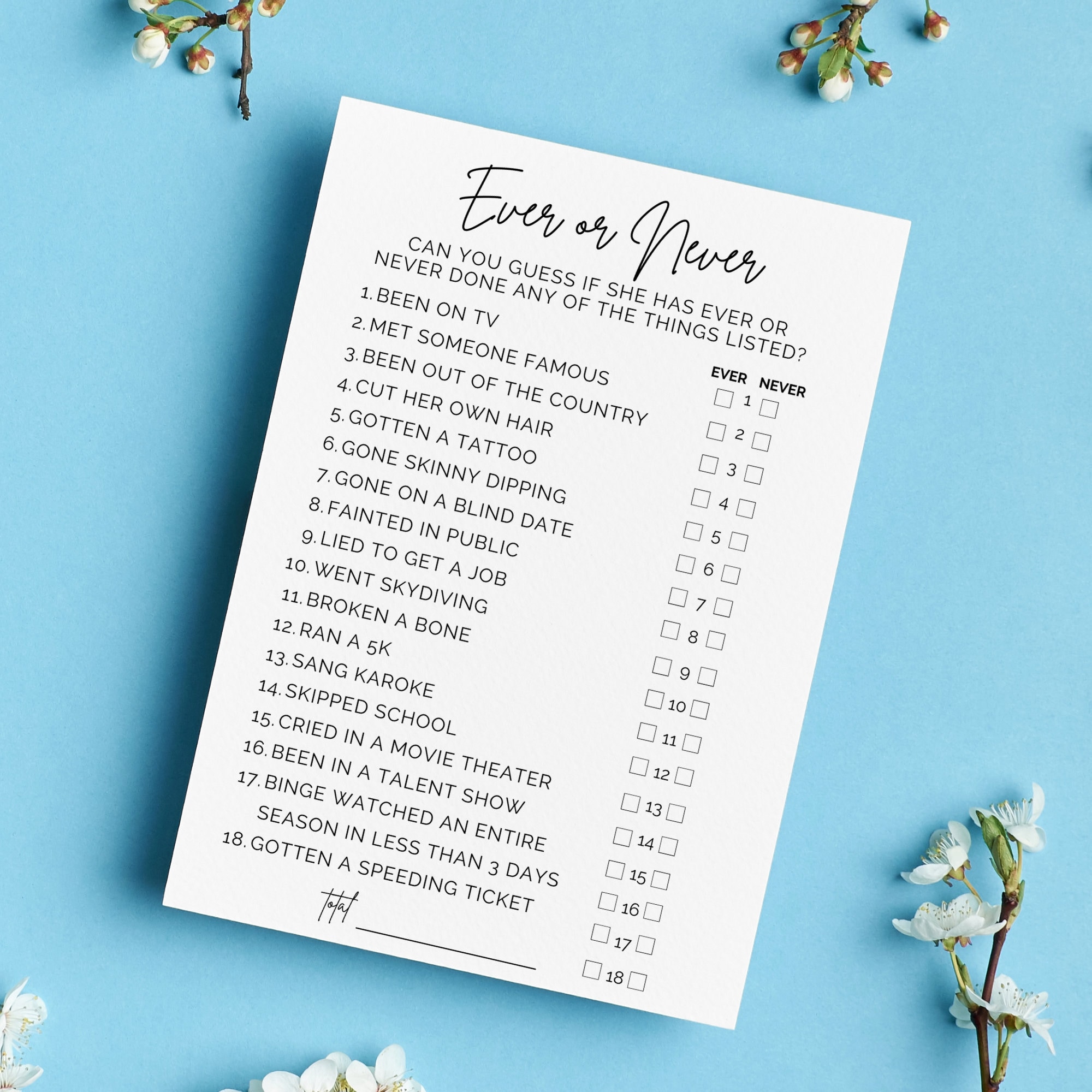 Printable Bridal Shower Game Ever or Never Modern Minimalist Bridal ...