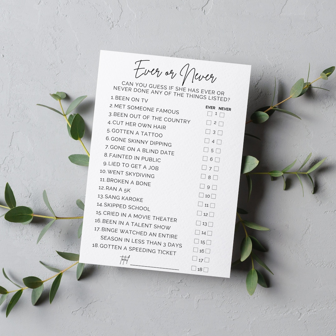 Ever or Never Bridal Shower Game: Modern Minimalist Design (instant ...