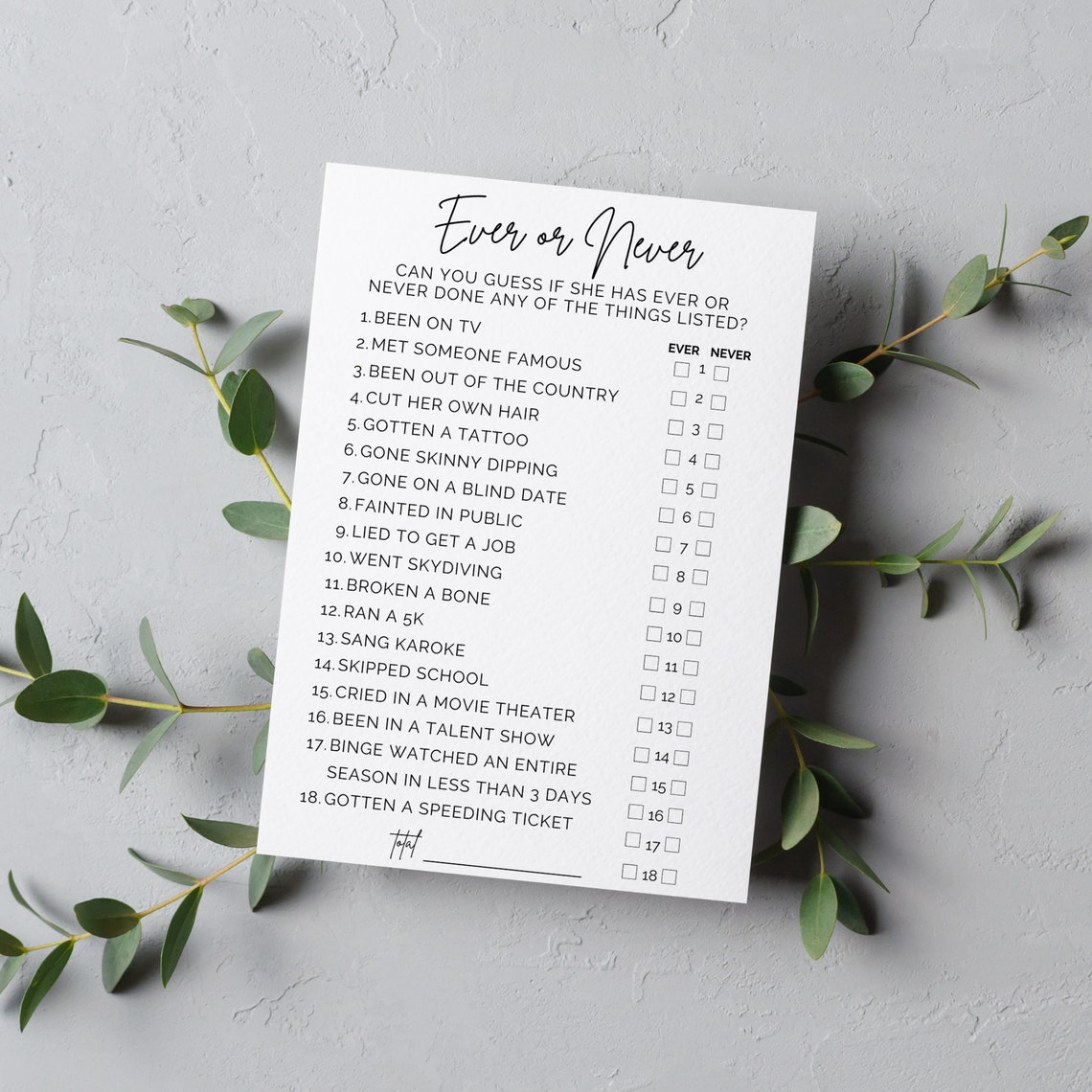 Printable Bridal Shower Game Ever or Never Modern Minimalist Bridal ...