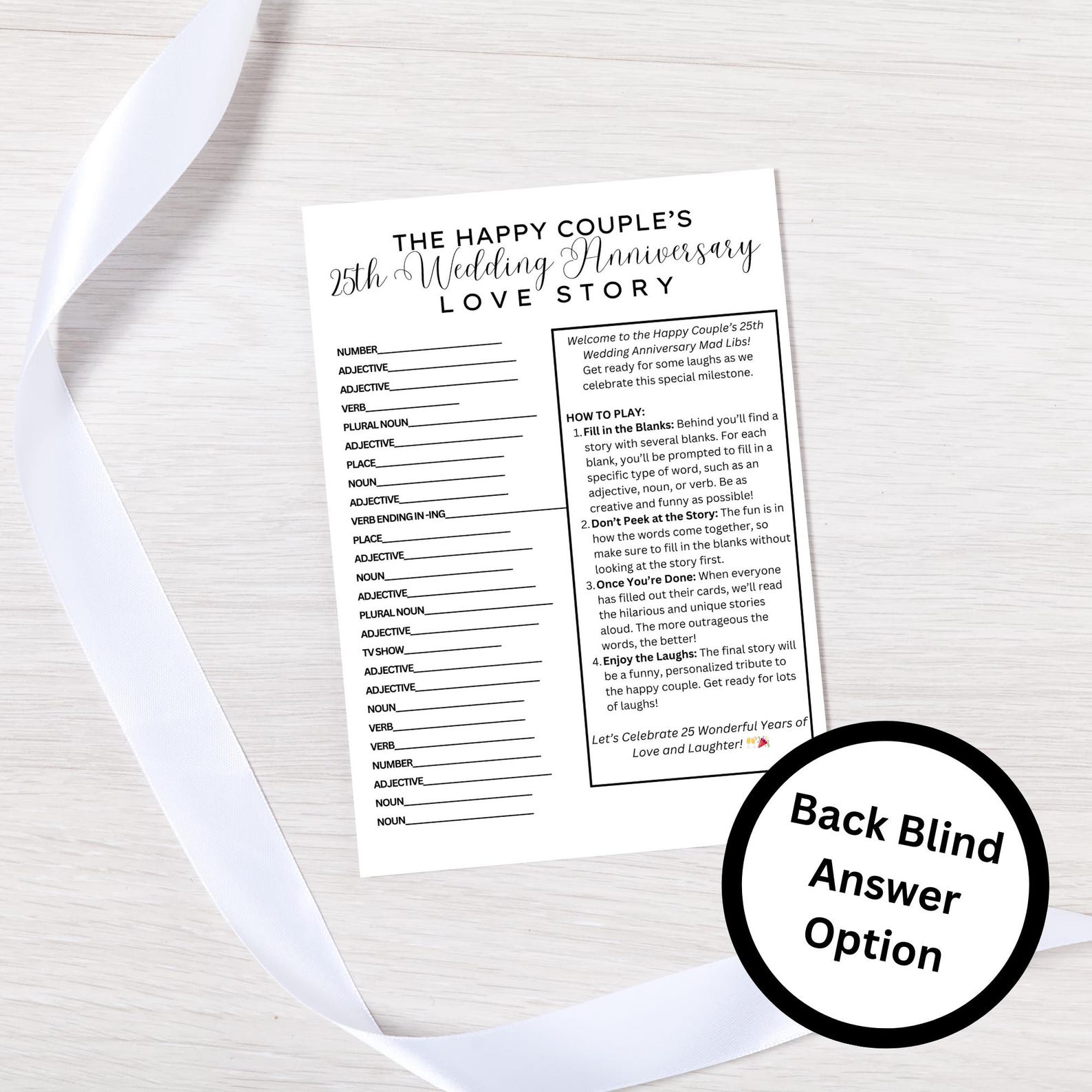 25th Anniversary Mad Lib Game: "the Happy Couple" Printable (instant ...