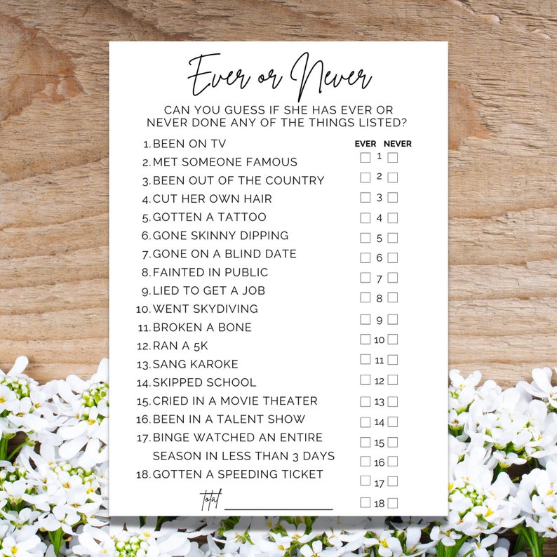 Printable Bridal Shower Game Ever or Never Modern Minimalist Bridal ...