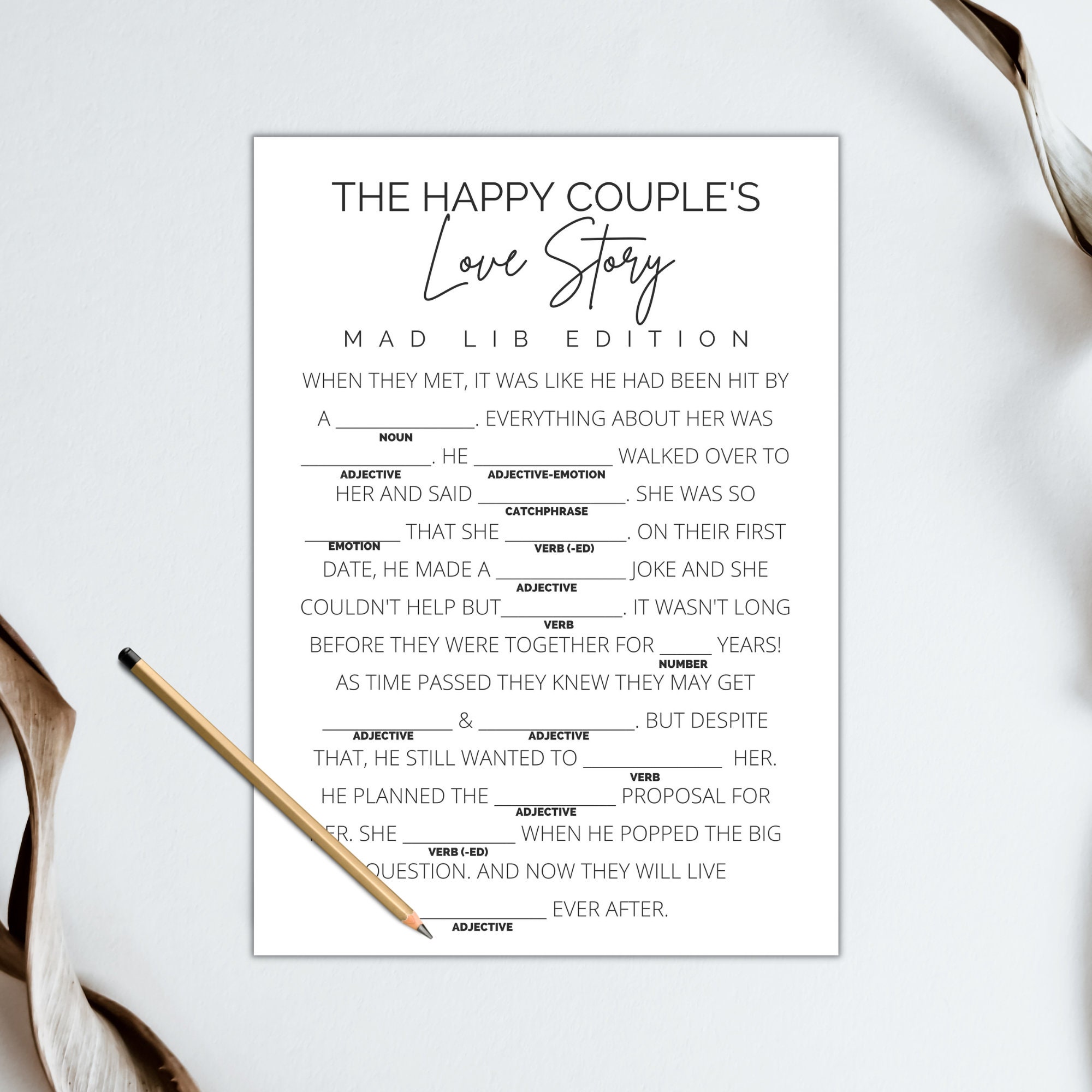 The Happy Couple's Love Story Mad Libs - Bridal Shower Game Printable ...