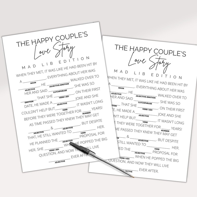 The Happy Couple's Love Story Mad Libs - Bridal Shower Game Printable ...