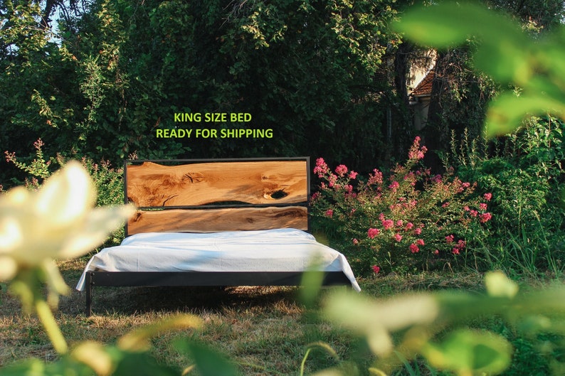 Metal Bed, Live Edge Oak Slab, Headboard With Double Oak Slab, Wood ...