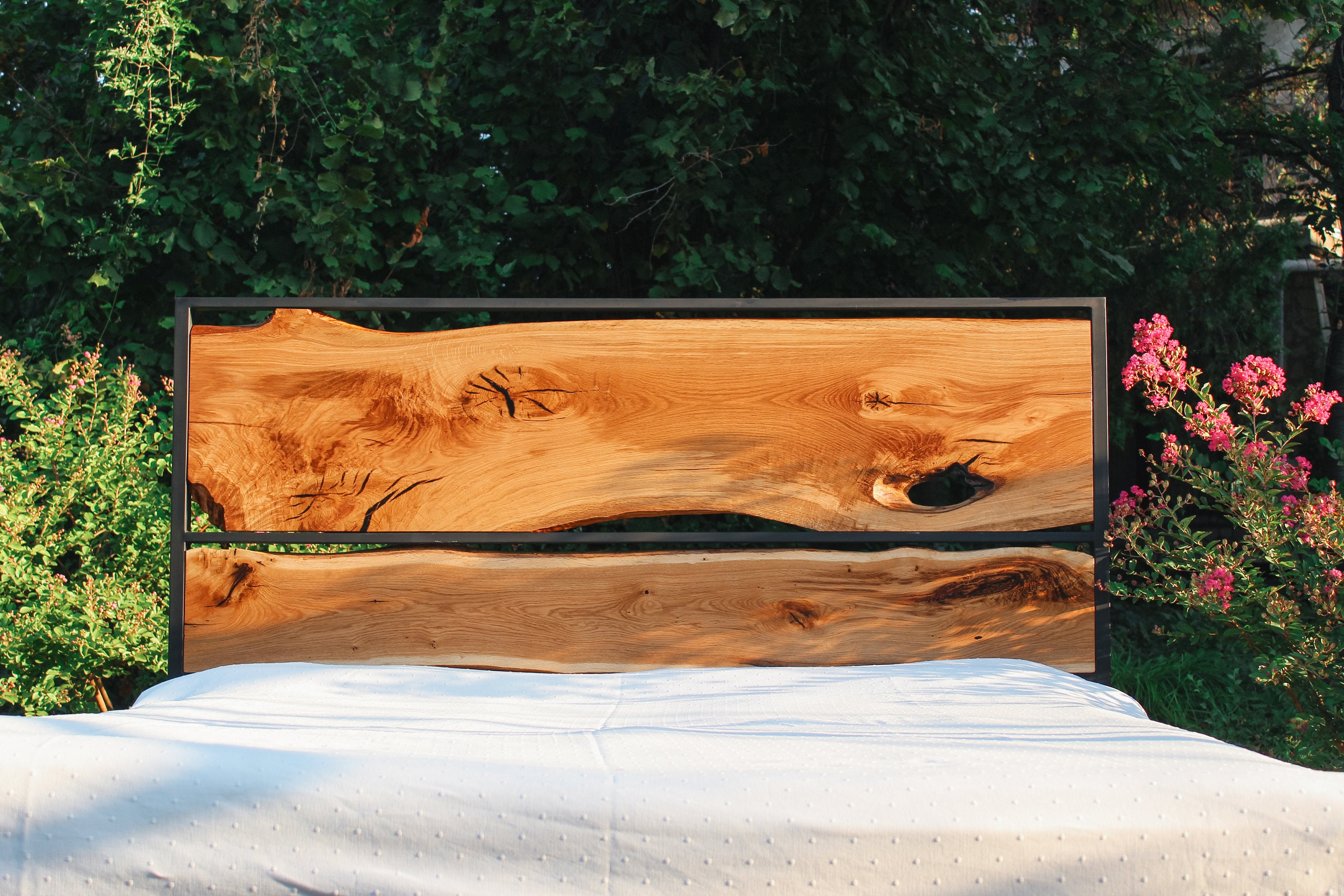 Metal Bed, Live Edge Oak Slab, Headboard With Double Oak Slab, Wood ...