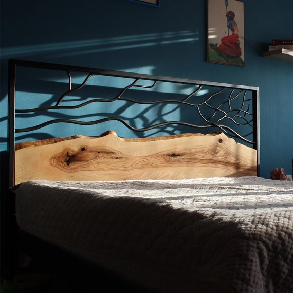 Bed Headboard From Metal and a Solid Oak Slab Featuring a Live Edge Etsy