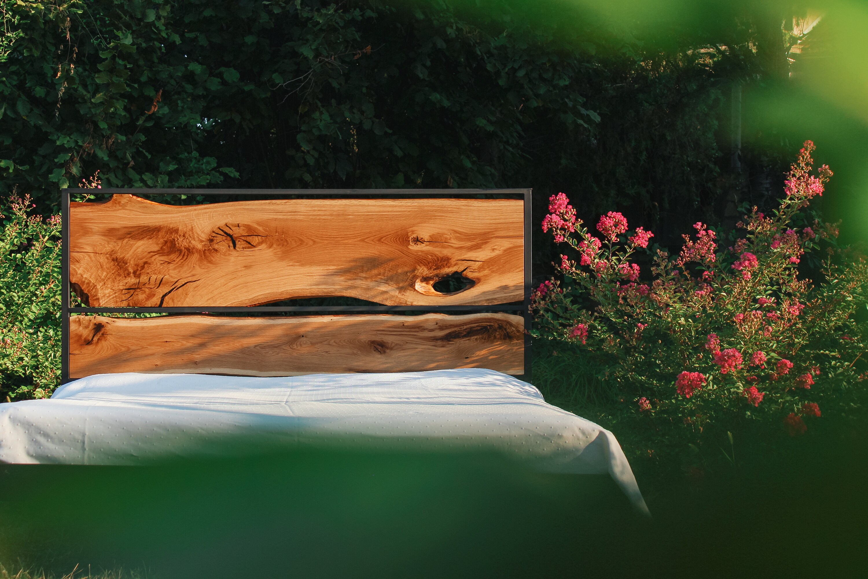 Metal Bed, Live Edge Oak Slab, Headboard With Double Oak Slab, Wood ...