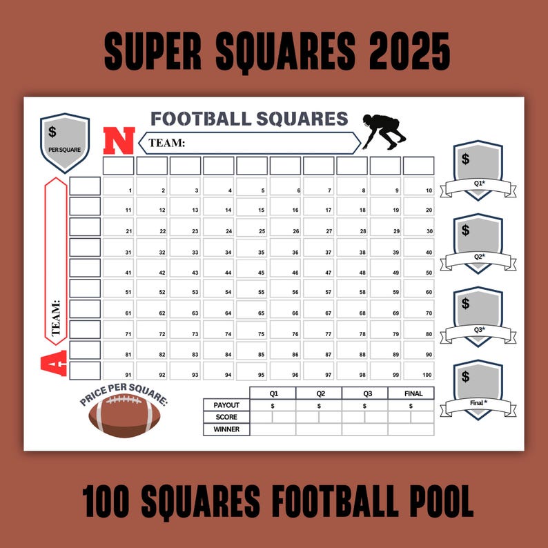 Super Bowl 2025 Football Squares Game (PDF & PNG) - Etsy