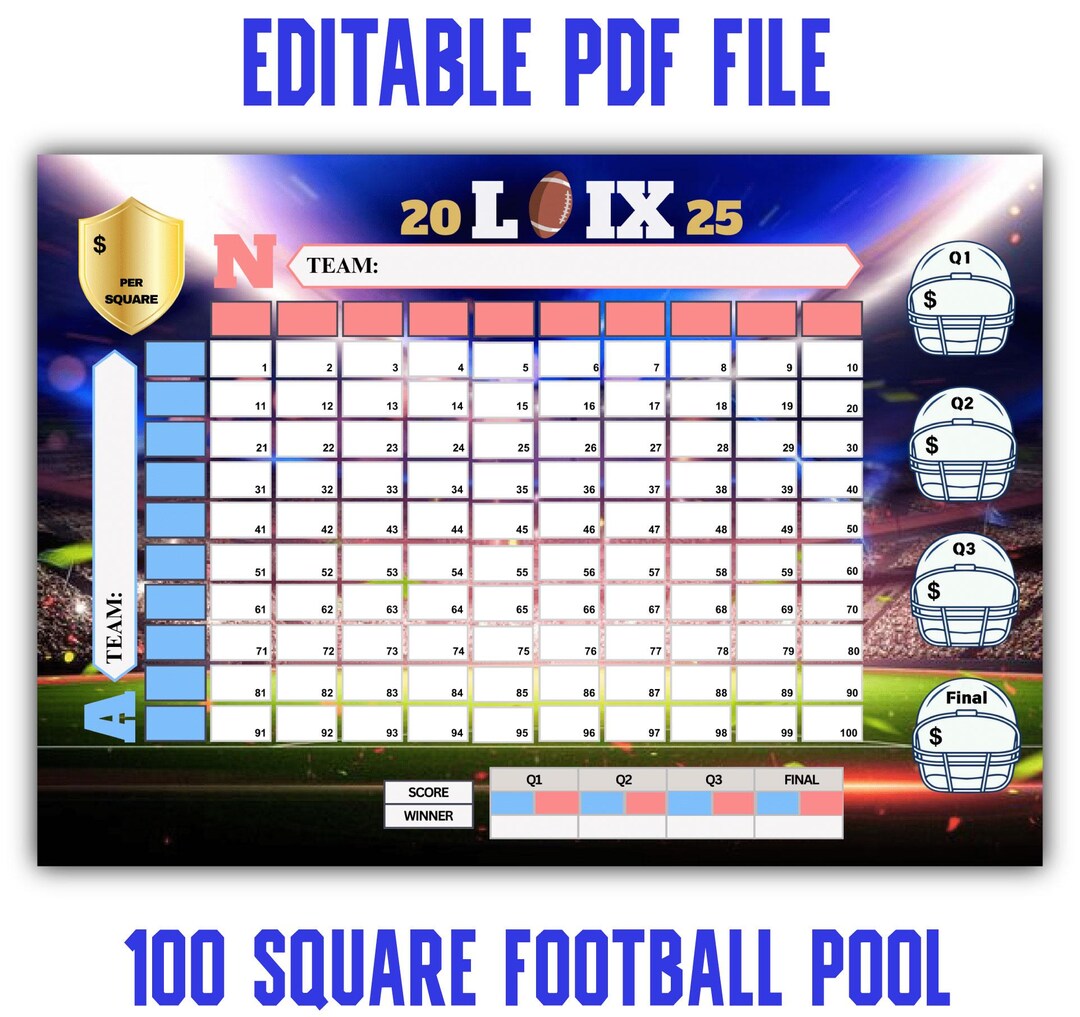 100 Square Football Bowl Grid: Super Bowl Fundraiser (digital Download ...