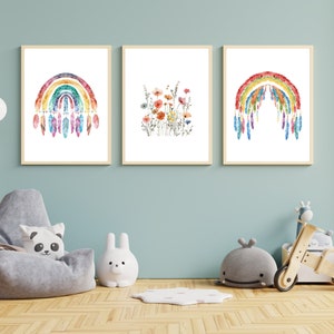 Nursery Art Set of 6 Prints, Rainbow Nursery Wall Art, Boho Nursery ...