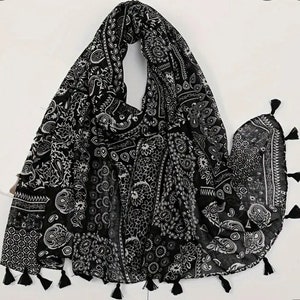 Johnny Depp Inspired Boho Scarf Black Printed Bali Paisley With Tassels ...