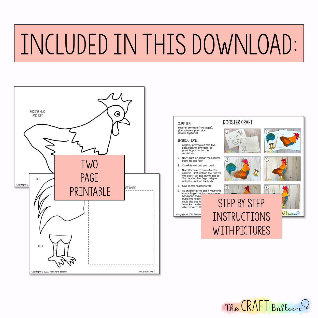 Rooster Craft (printable Craft Template) / Printable Kids Craft Digital ...