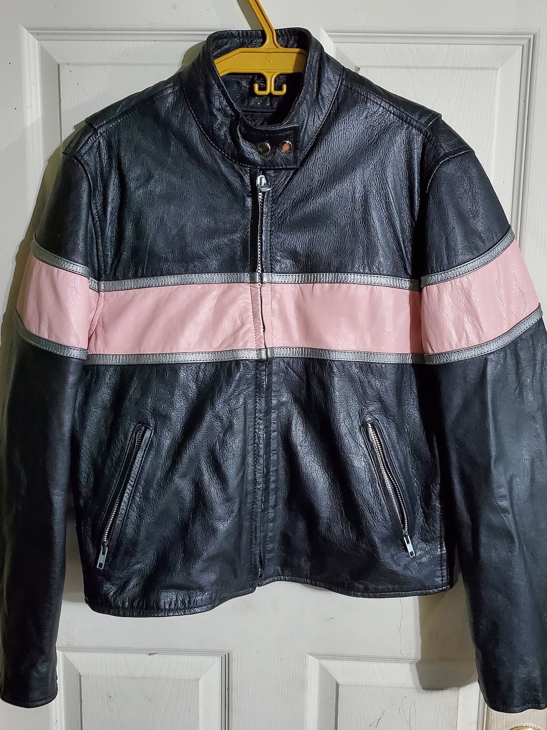 Vintage UNIK Leather Motorcycle Jacket Size XL Pink Stripe - Etsy