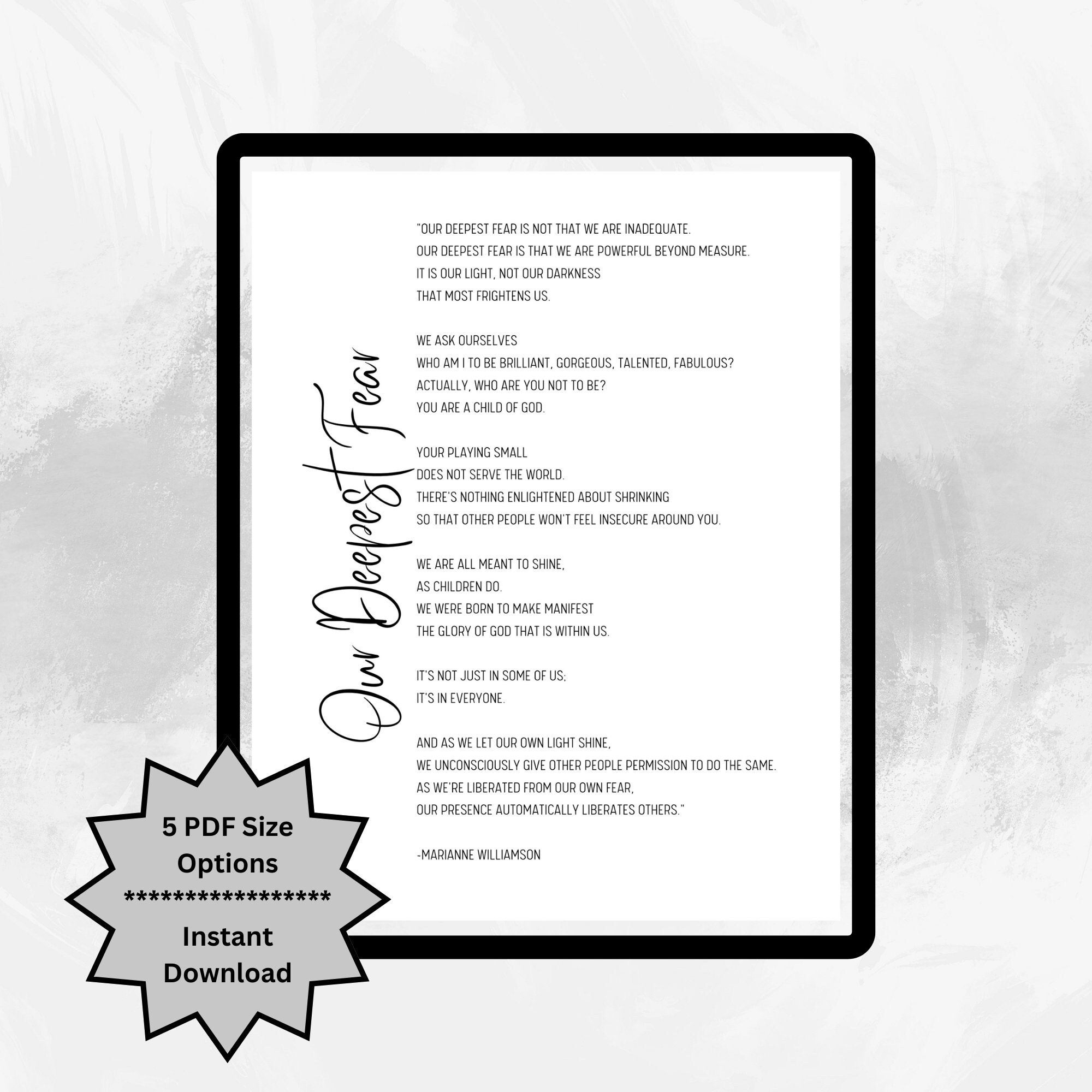 Our Deepest Fear Marianne Williamson | Printable Wall Art | Digital ...