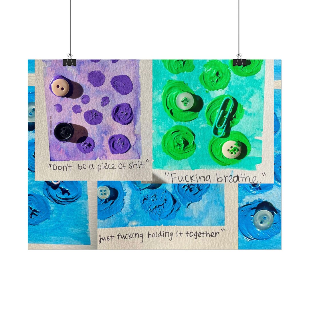 Button Collage Rolled Poster | Abstract Mixed Media Artwork, Blue Green ...