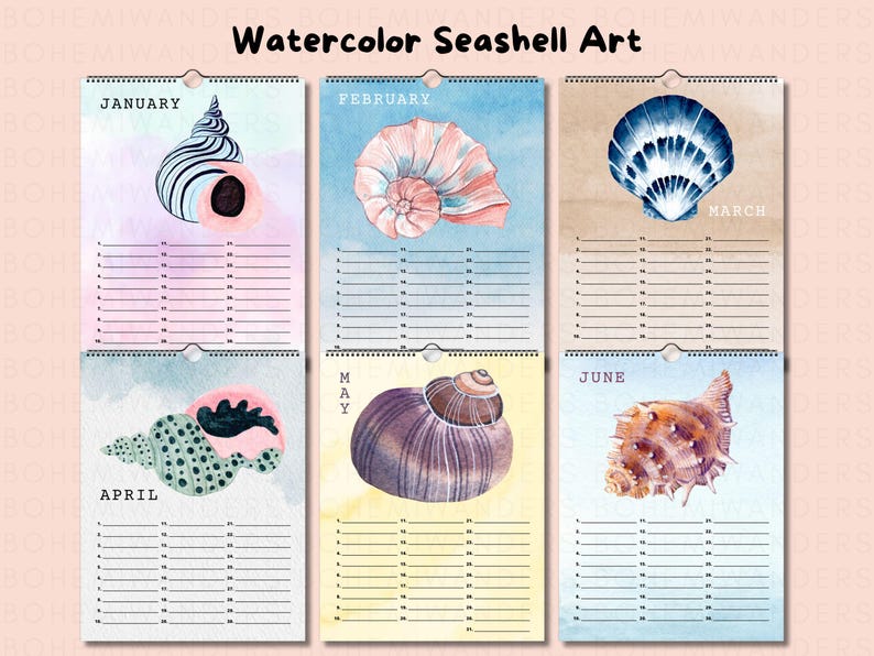 Watercolor Seashells Perpetual Calendar, Ocean Theme Anniversary ...