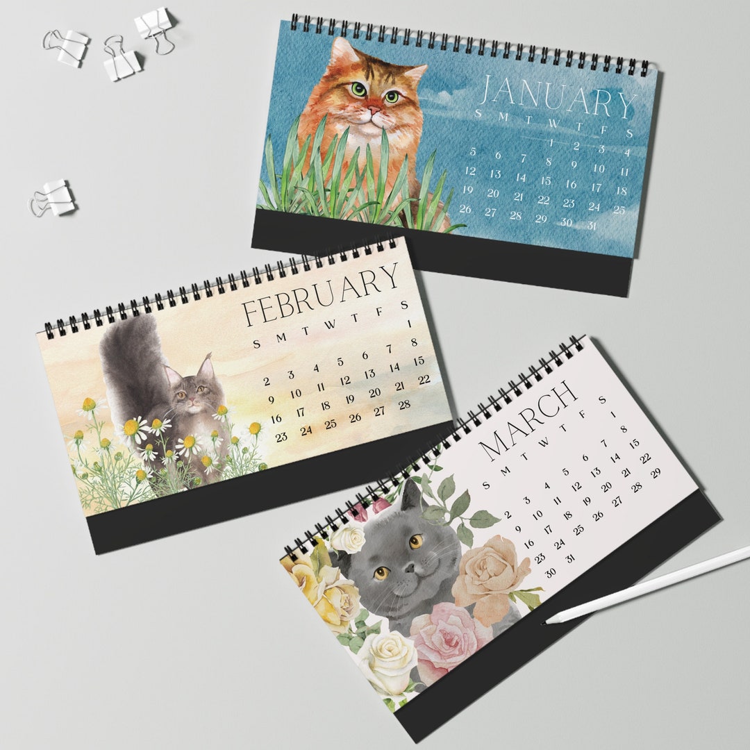 2026 Botanical Cats Desk Calendar – Watercolor Outdoor Cats Calendar ...