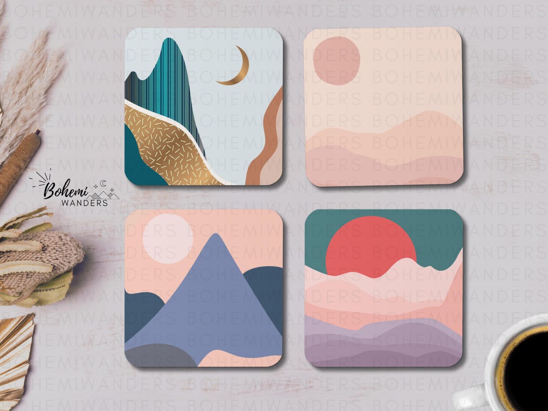 Boho Landscape Coaster Set – Abstract Mountain, Sun & Moon Decor - Etsy
