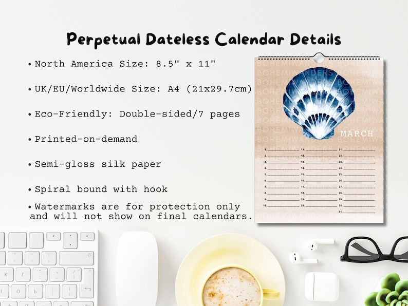 Watercolor Seashells Perpetual Calendar, Ocean Theme Anniversary ...