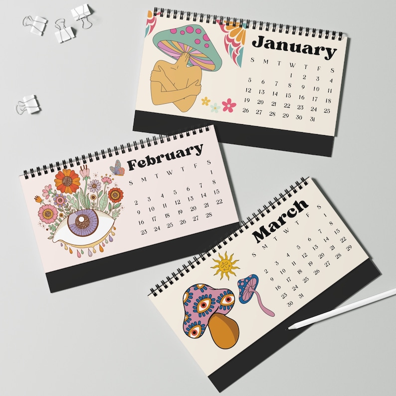 Retro Mushroom Desk Calendar – 70s Groovy Hippie Design, Custom Dates ...