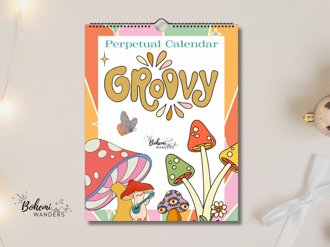 Funky Mushroom Perpetual Calendar – Retro 70s Hippie Art for Birthdays ...