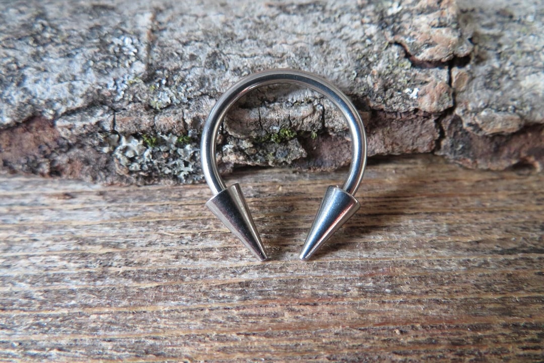 Solid 316L Surgical Steel 16G (1.2mm) or 14G (1.6mm) Long Spikes Horseshoe Ring Septum Piercing ...