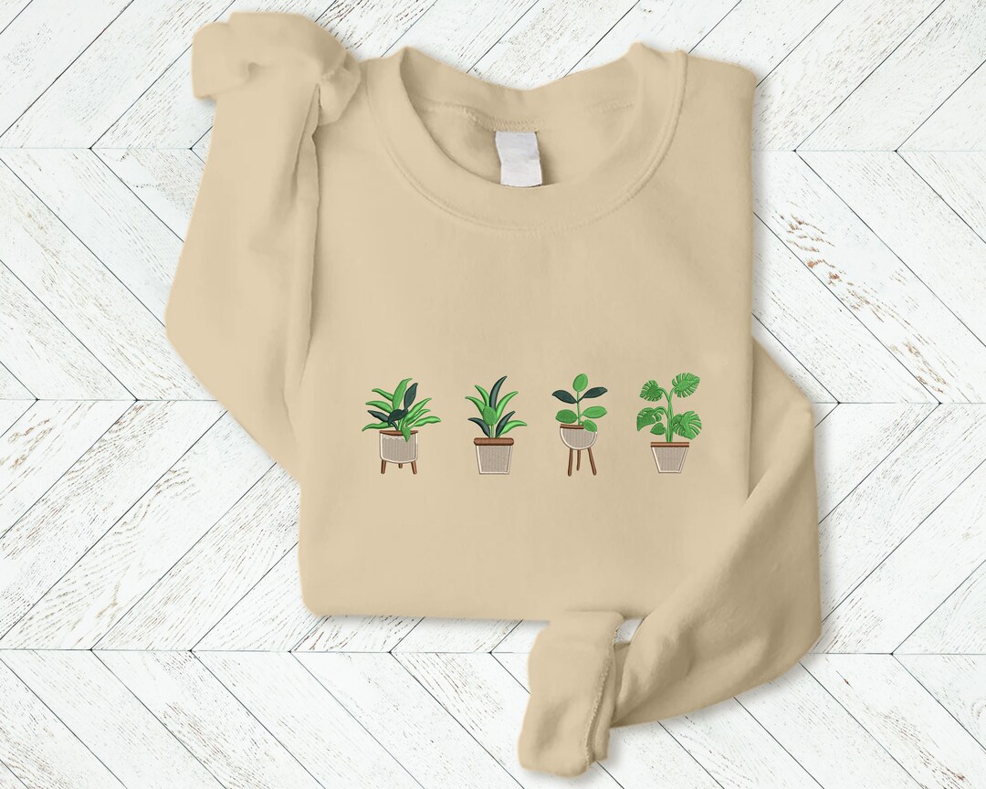 Embroidered Plant Sweatshirt, Green Plant Pots Aesthetic Nature ...