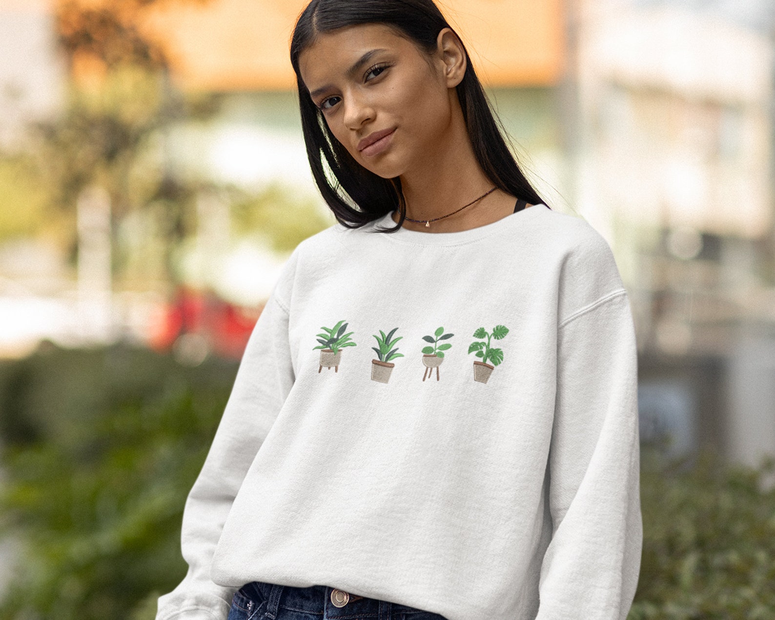 Embroidered Plant Sweatshirt, Green Plant Pots Aesthetic Nature ...