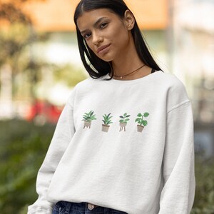 Embroidered Plant Sweatshirt, Green Plant Pots Aesthetic Nature ...