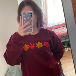 Vintage Fall Sweater, Embroidered Autumn Leaves Crewneck Sweatshirt ...