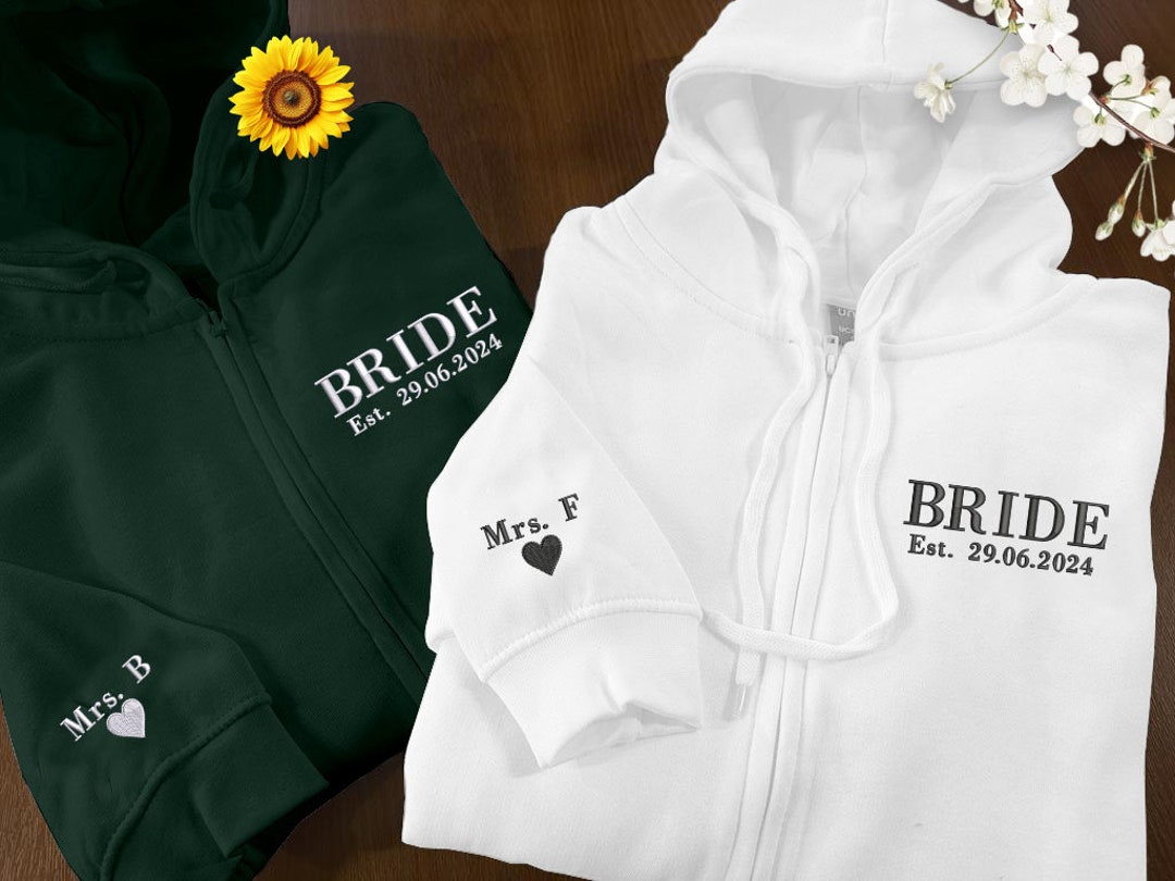 Bride Zip up Hoodie, Custom Embroidered Wifey Hooded Sweater, Couple ...