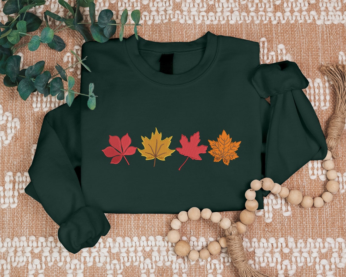 Vintage Fall Sweater, Embroidered Autumn Leaves Crewneck Sweatshirt ...