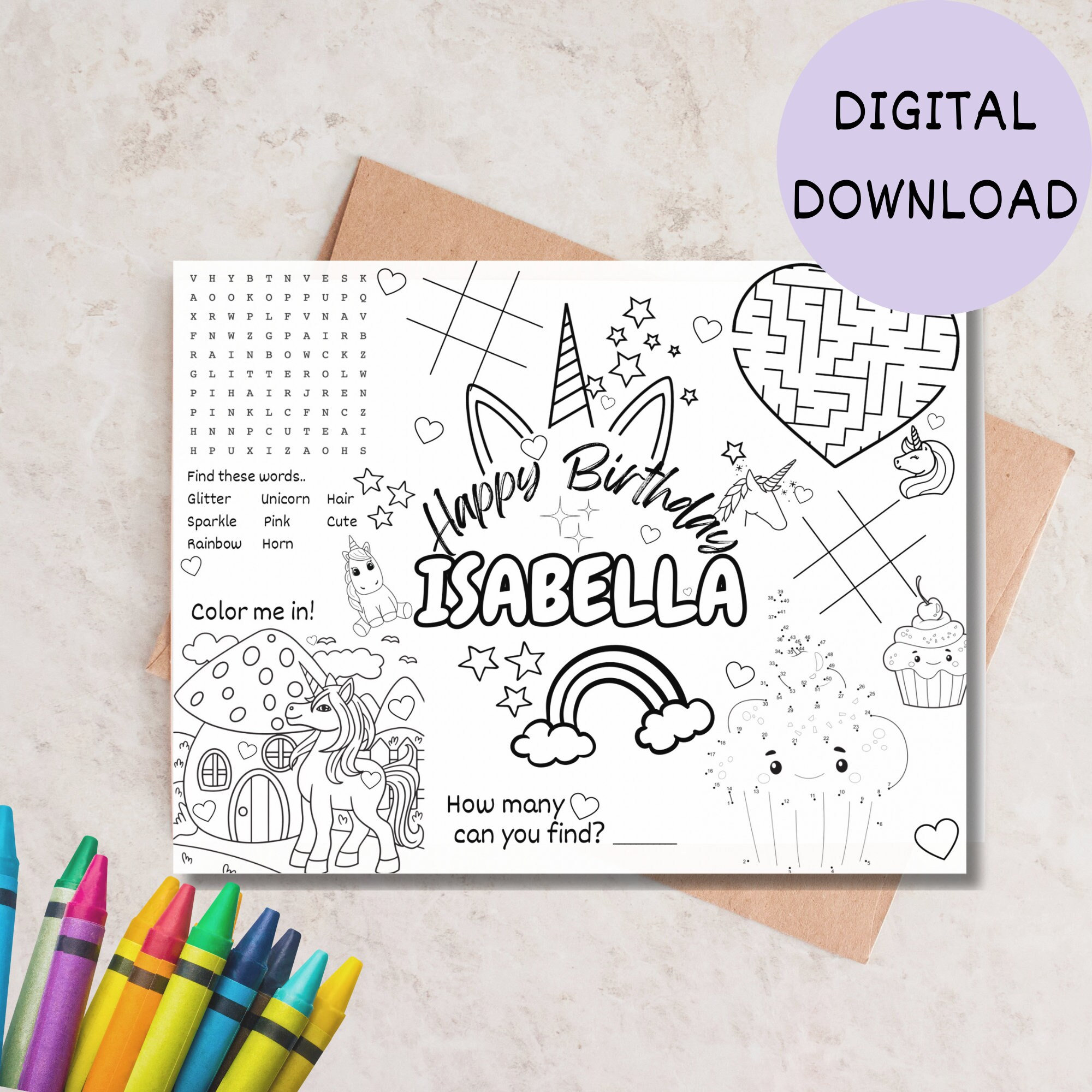 Custom Unicorn Birthday Activity Placemat DOWNLOAD & PRINT, for Kids ...
