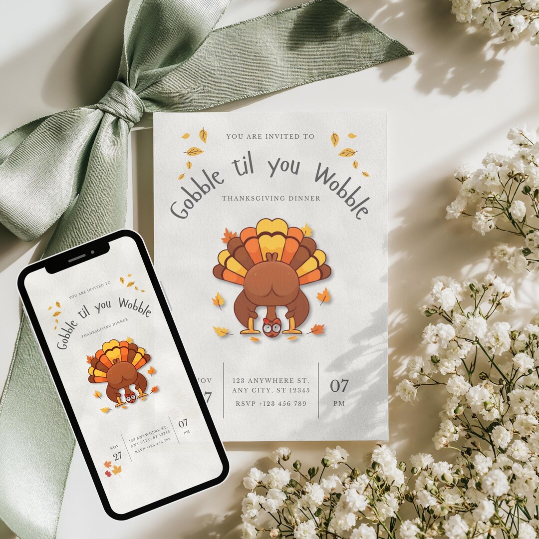 Gobble Til You Wobble Invitation | Thanksgiving Dinner Invite | 5x7 ...