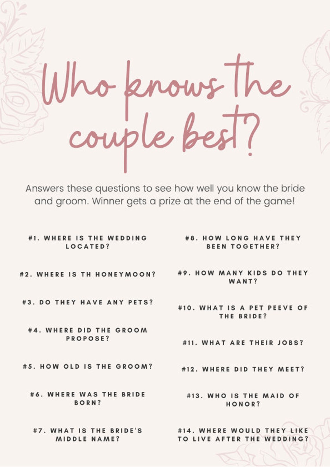 Couple Quiz Bridal Game - Etsy