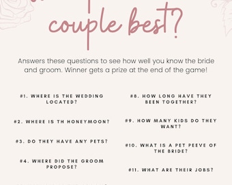 Couples Quiz Printable Couple Quiz Bridal Shower Game Bridal Shower ...