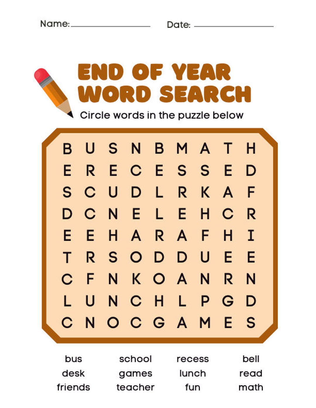 End of Year Classroom Word Search Game - Etsy