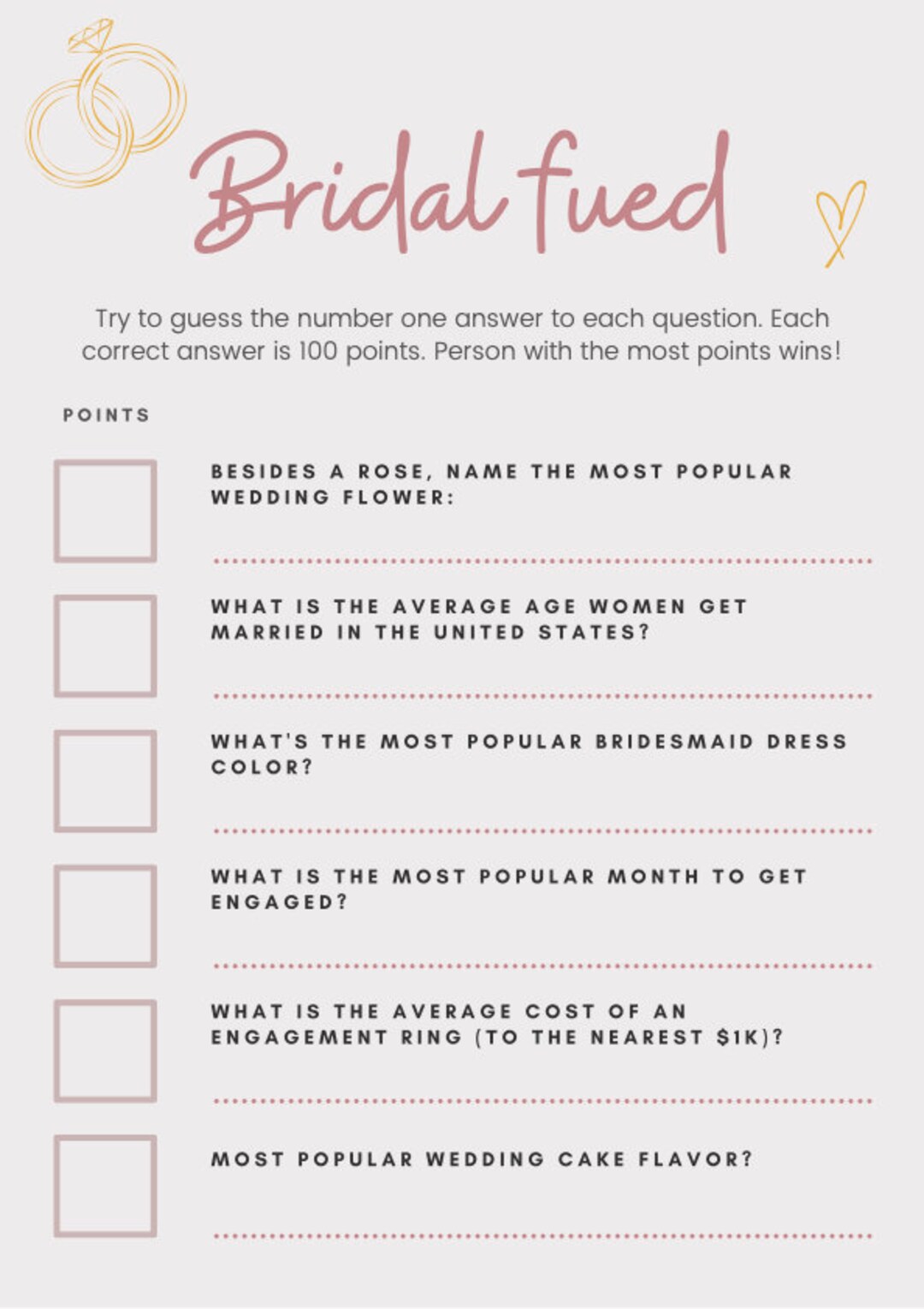Bridal Fued - Family Fued Style Bridal Game With Answers! - Etsy