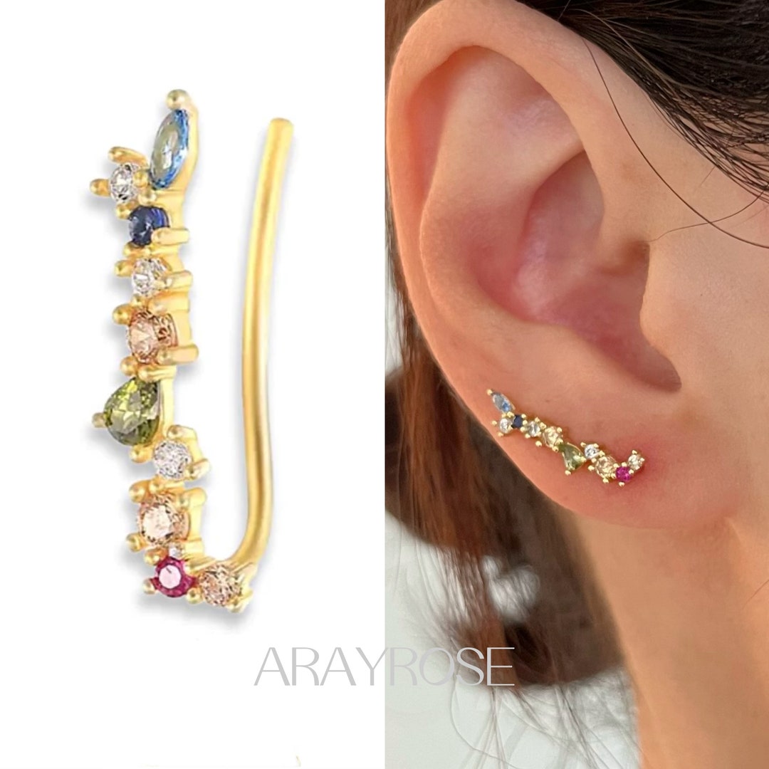 Rainbow Ear Climber, Colorful Stones Flowers Climber Earrings in Gold ...