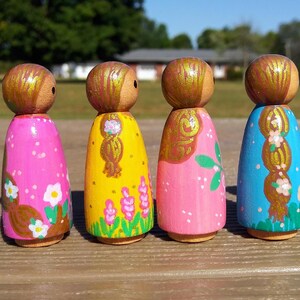 Set of 6, 2 Inch Tall, Floral, Hand-painted Wooden Peg Doll Girls. #3 ...