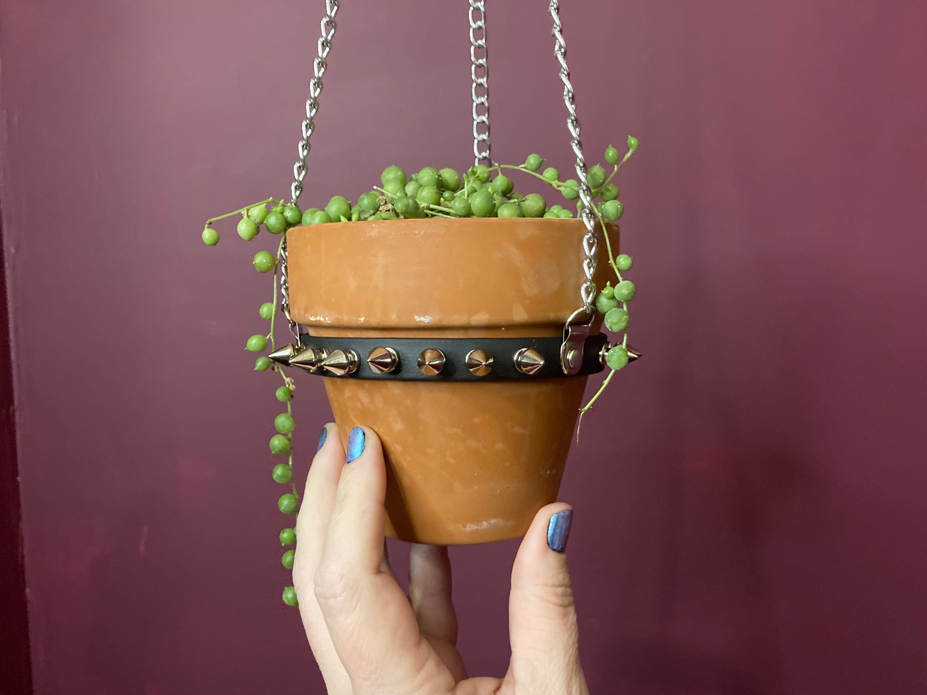 MEDIUM Spiked Vegan Leather and Chain Plant Hanger With Adjustable ...
