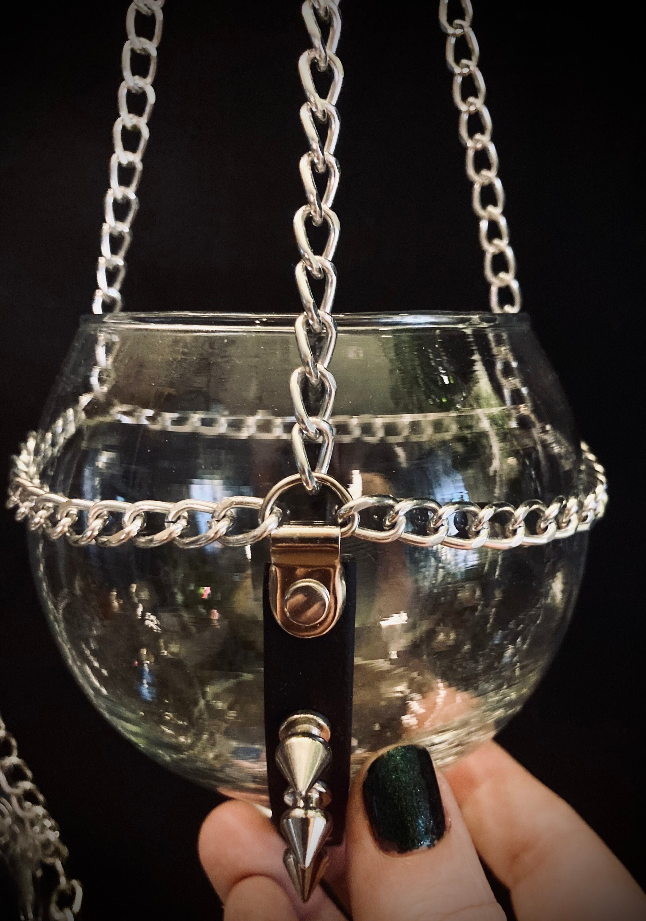 Hanging Terrarium Planter, Glass Globe Included, Spiked Vegan Leather ...