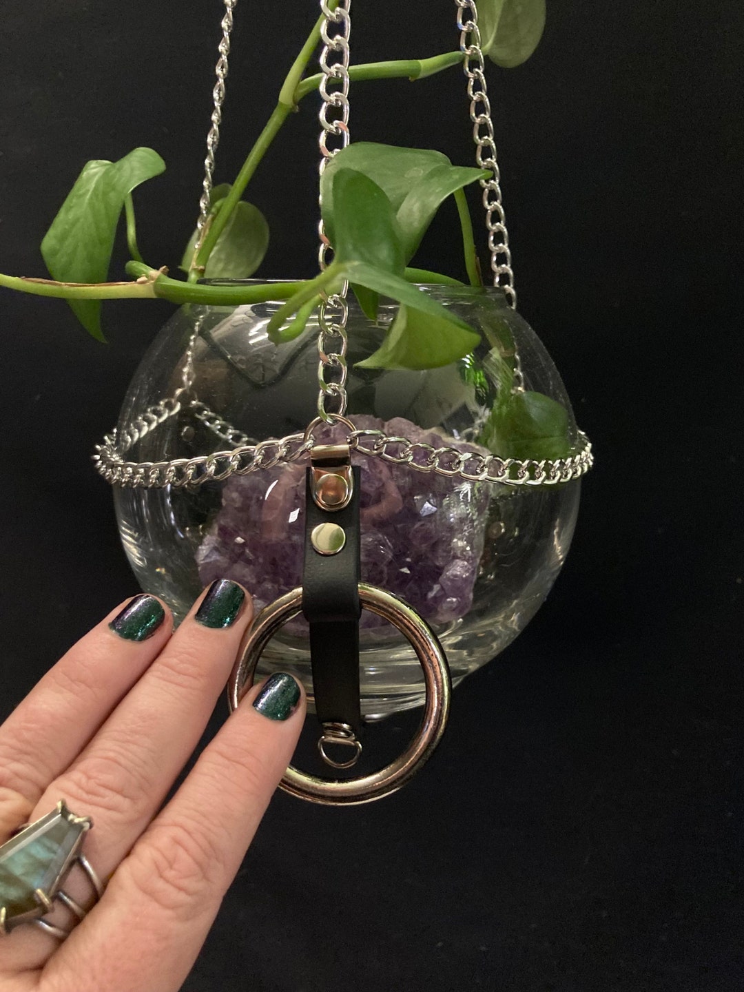 Hanging Terrarium, Vegan Leather + Chains With SPIKES & O-RING, 6 Inch ...