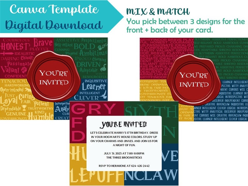 Hogwarts Houses - Harry Potter Wizard Party Invitation - Editable Canva ...