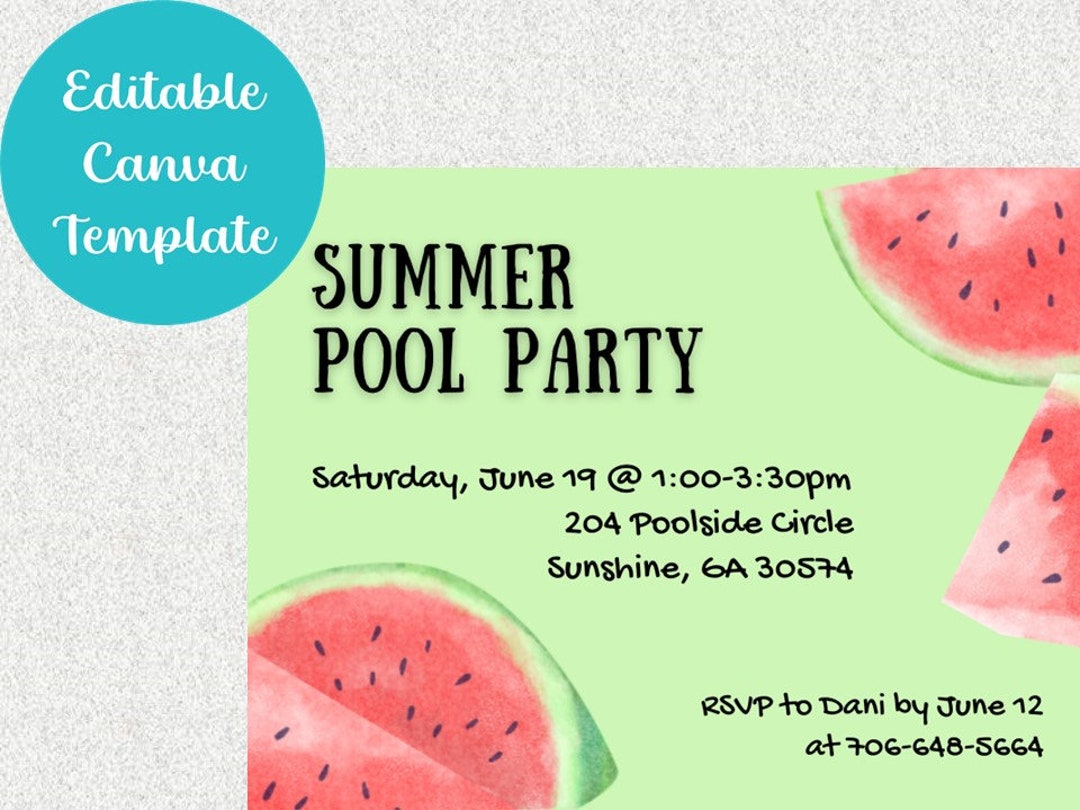 Summer/watermelon-themed Pool Party Invitation Canva Template - Digital ...