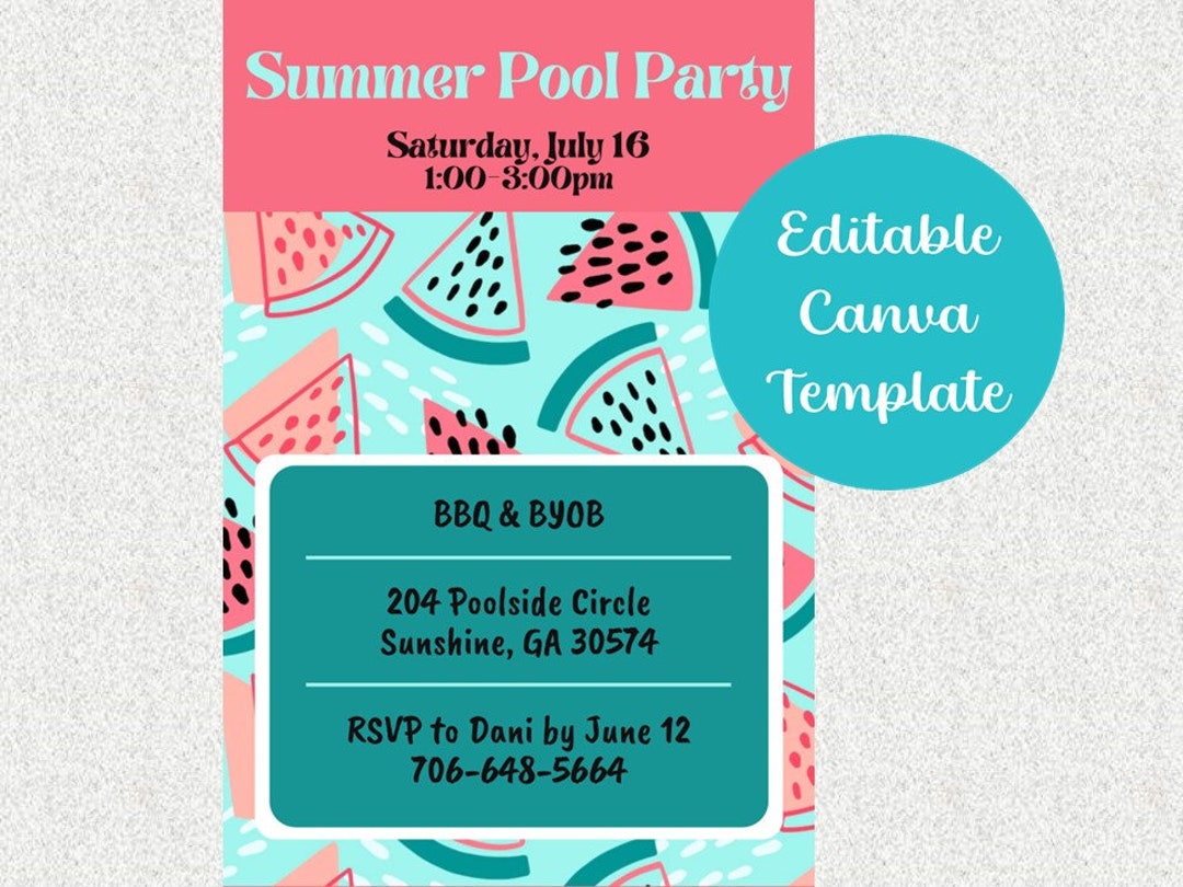 Summer Pool Party Invitation Canva Template - Digital Download - Etsy