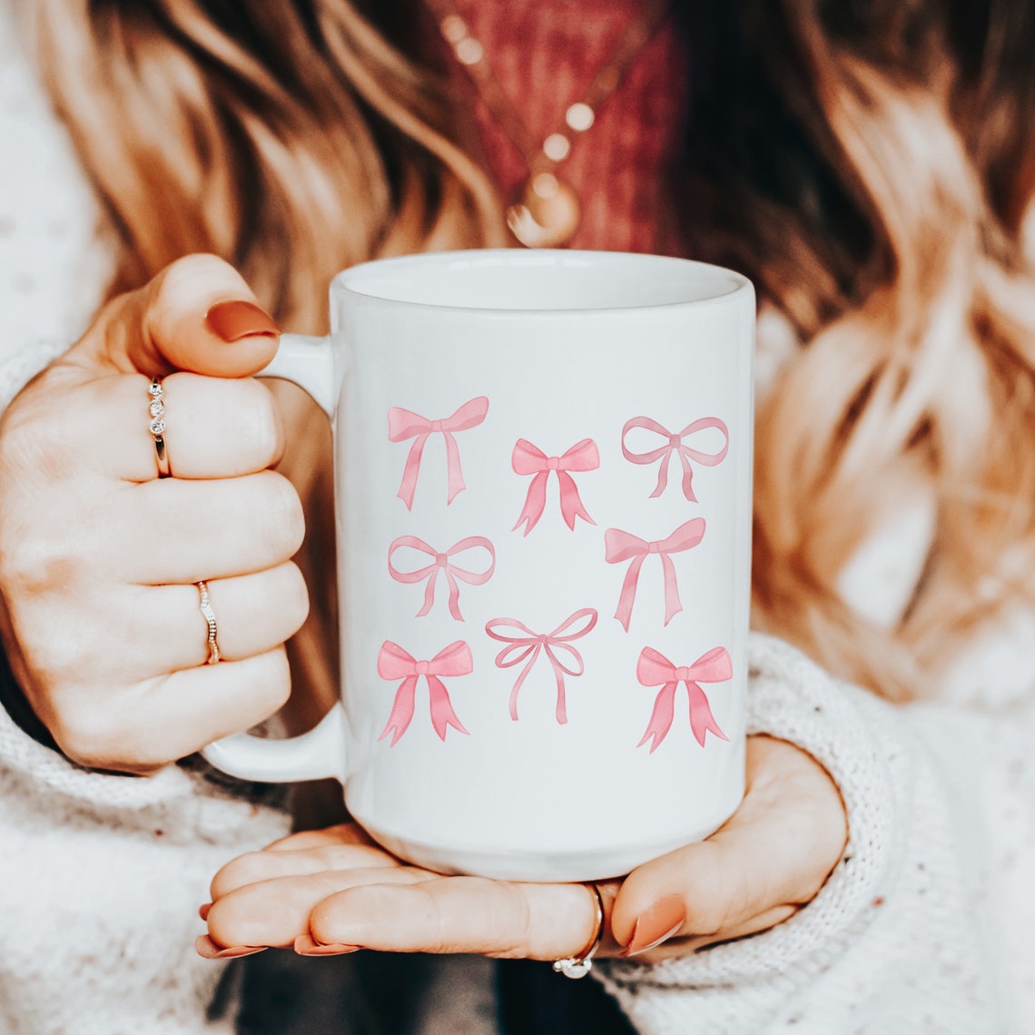 Pink Bow Coffee Mug, Cute Pink Bows Cup, Gift for Sister, Trendy Bows ...