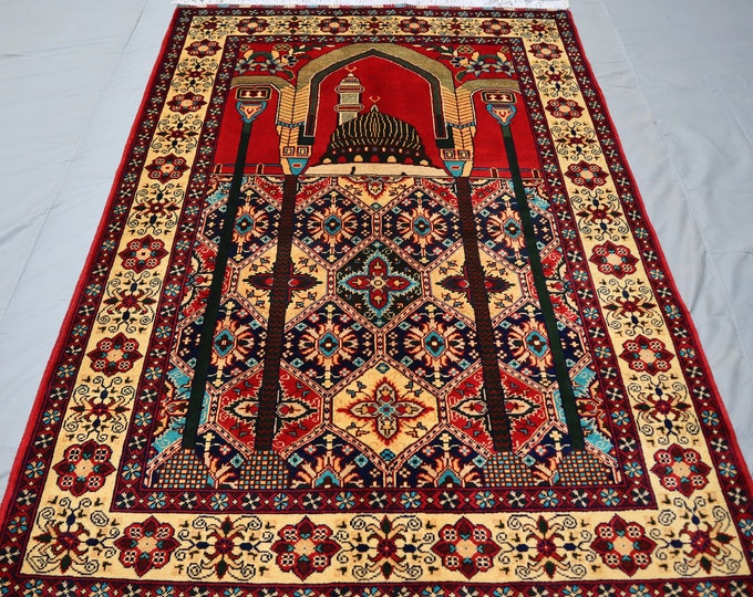 Large Prayer Rug, 4x6 Ft Afghan Handmade Wool Rug, Tribal Hand Knotted ...