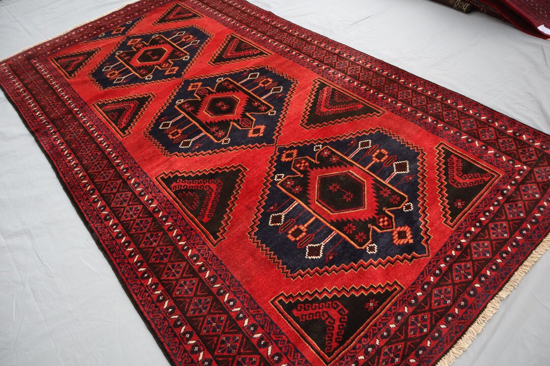 Red Vintage Rug, 4'9x8'5 Ft Afghan Hand Knotted Veg Dyes Wool Geometric ...